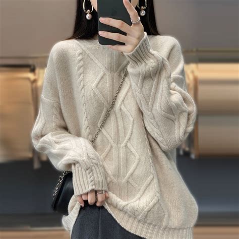 100 순수 울 니트 캐주얼 탑 캐시미어 스웨터 여성용 신제품 라운드넥 풀오버 느슨한 단색 가을 겨울