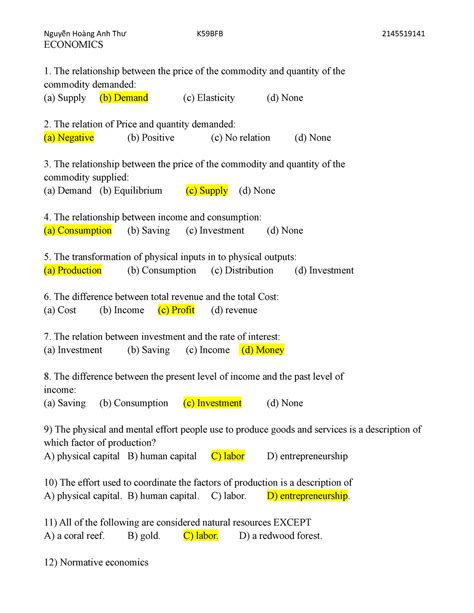 Economics Multiple Choice ECONOMICS The Relationship Between The Price Of The Commodity