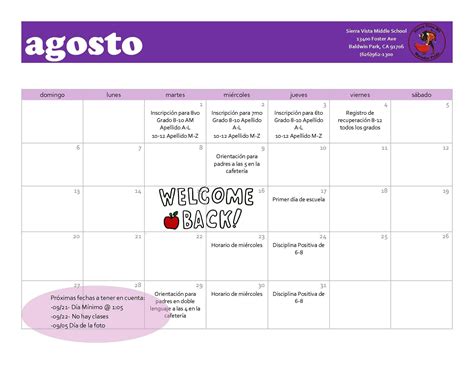 School Calendar School Calendar Sierra Vista Middle School