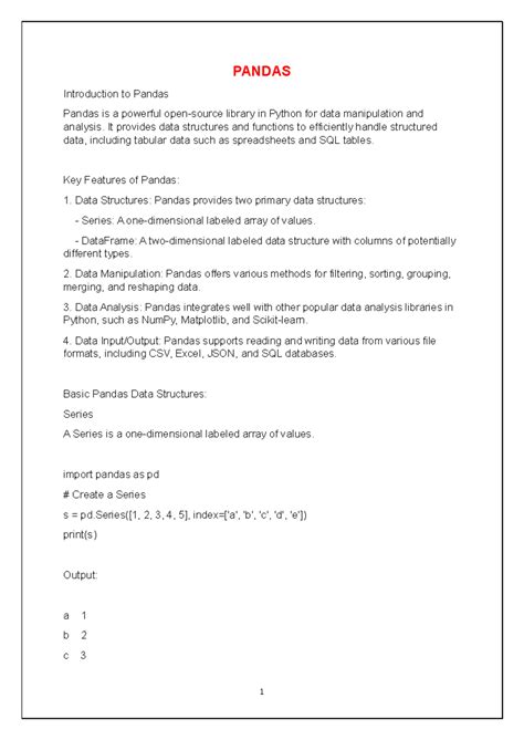 Ds Pandas Comprehensive Notes On Data Manipulation And Analysis Studocu