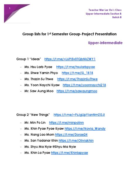 Group Lists For 1st Semester Group Project Presentation Pdf