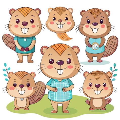 다양한 포즈와 의상을 입은 귀여운 만화 비버 프리미엄 Ai 생성 벡터