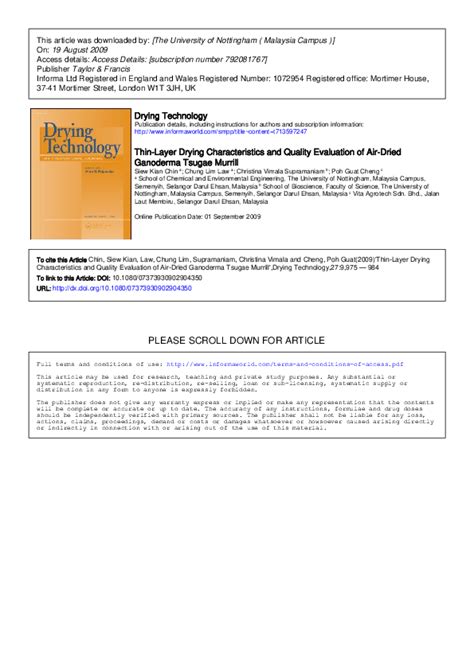 Pdf Thin Layer Drying Characteristics And Quality Evaluation Of Air Dried Ganoderma Tsugae Murrill