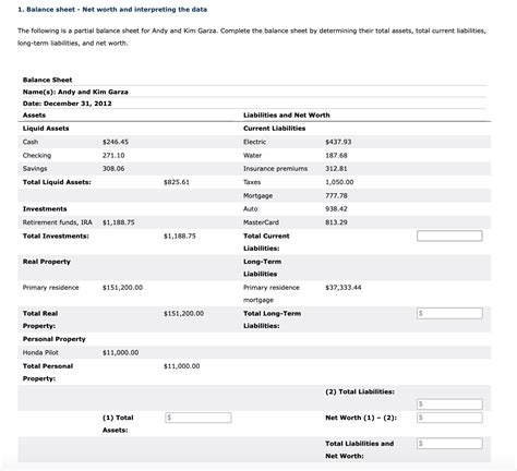 Solved Balance Sheet ﻿net Worth And Interpreting The