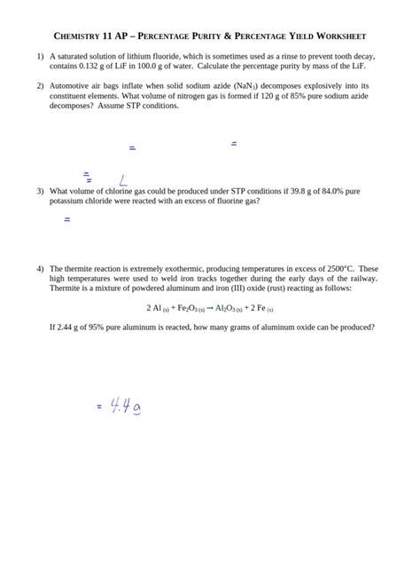 Percentage Purity Percentage Yield Worksheet Solutions Pdf Silver Nitric Acid