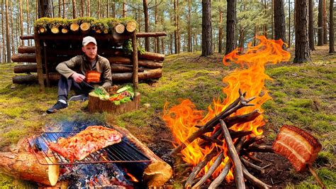 Forest Survival Alone Shelter Build And Fire Cooked Pork Belly Youtube