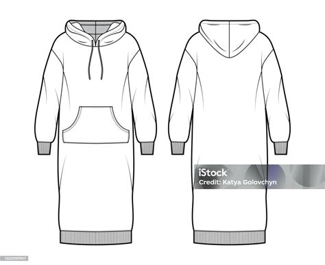 드레스 후드 기술 패션 일러스트 와 긴 소매 캥거루 파우치 리브 커프 오버사이즈 바디 무릎 길이 스커트 0명에 대한 스톡 벡터 아트 및 기타 이미지 Istock