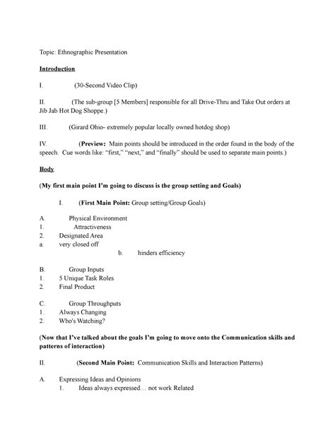 Ethnography Outline Topic Ethnographic Presentation Introduction I