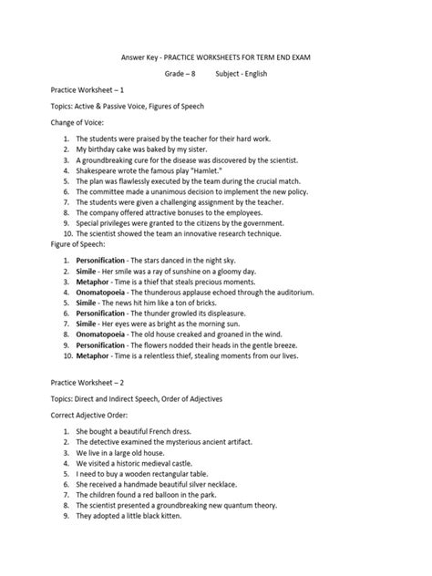 G8 Answer Key Practice Worksheets For Term End Exam Pdf