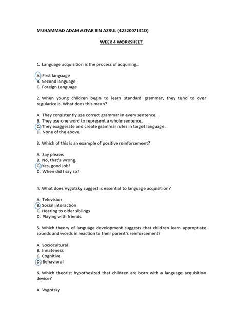 Week 4 Answer Sheet Pdf Language Acquisition Cognitive Psychology