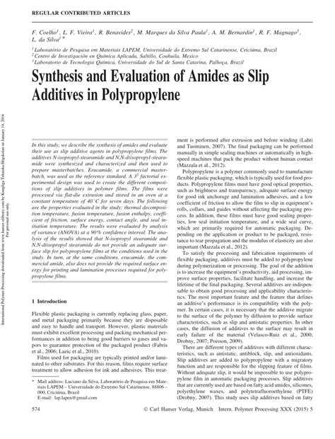 Pdf Synthesis And Evaluation Of Amides As Slip Additives In Polypropylene