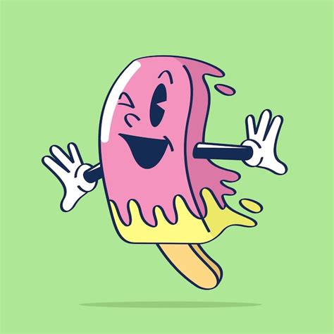 행복 한 얼굴 만화 캐릭터 손 그리기 벡터 일러스트와 함께 슬라이딩 아이스 캔디 프리미엄 벡터