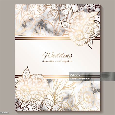 대리석 질감과 골드 반짝이 배경으로 럭셔리 하 고 우아한 결혼식 초대장 카드 모란 꽃으로 장식 된 현대 결혼식 초대장 0명에 대한 스톡 벡터 아트 및 기타 이미지 Istock