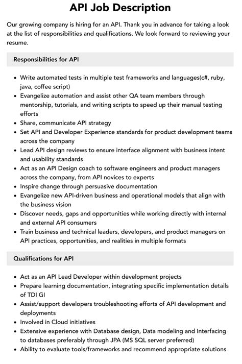 API Job Description Velvet Jobs