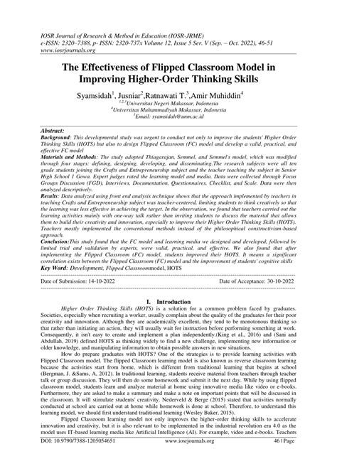 Pdf The Effectiveness Of Flipped Classroom Model In Improving Higher Order Thinking Skills
