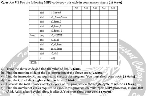 question 1 for the following mips code copy this table in your answer