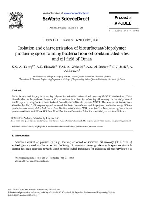Pdf Isolation And Characterization Of Biosurfactantbiopolymer Producing Spore Forming