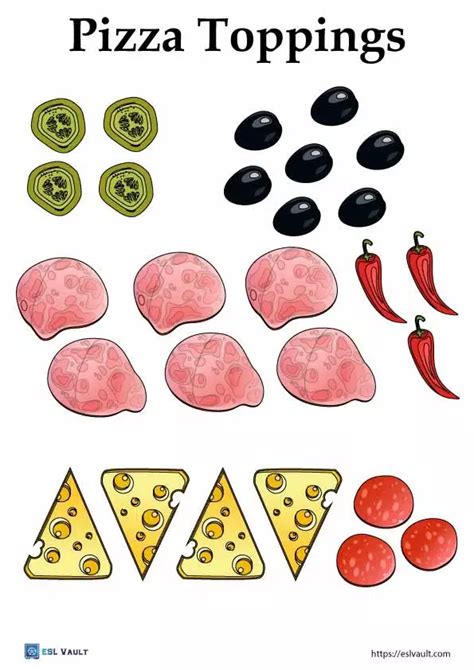 16 Free Printable Pizza Toppings Pdf Pages Esl Vault Pizza Toppings