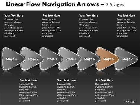 Linear Flow Navigation Arrow Stages PowerPoint Shapes PowerPoint Slide Deck Template