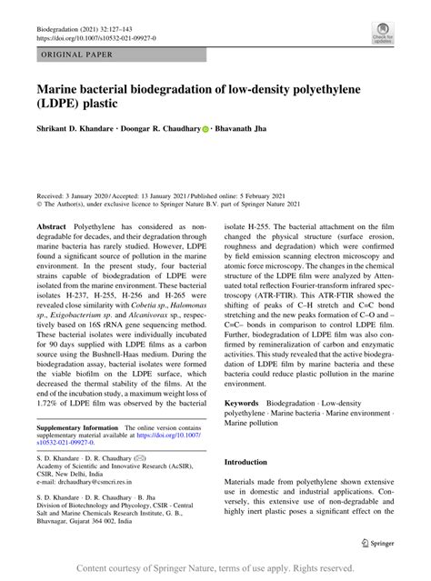 Marine Bacterial Biodegradation Of Low Density Polyethylene Ldpe