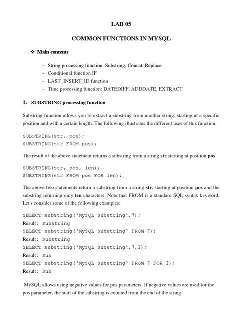 Lab 05 Common Functions In Mysql Main Contents Download Free Pdf Subroutine String