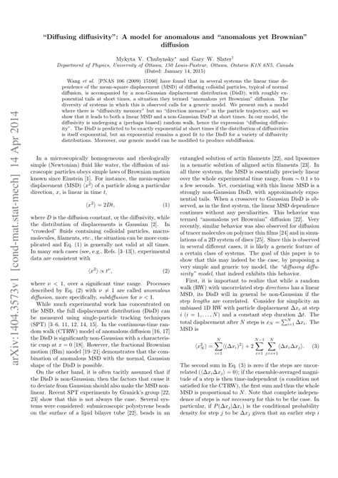 Pdf Diffusing Diffusivity A Model For Anomalous Yet Brownian Diffusion
