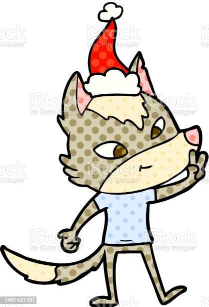 산타 모자를 쓰고 평화의 표시를 하는 늑대의 친절한 손으로 그린 만화책 스타일의 그림 귀여운에 대한 스톡 벡터 아트 및 기타 이미지 귀여운 낙서 드로잉 늑대 Istock