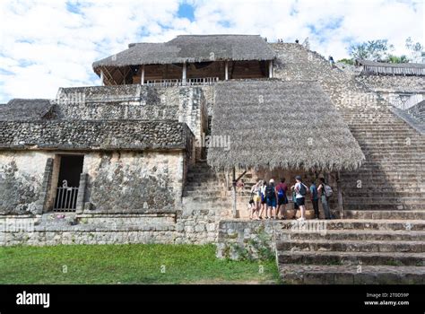 Ek Balam Yucatan Mexico Tourists Climbing Acropolis Pyramid At Ek