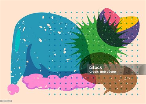 Risograph 산타 클로스 모자 기하학적 모양으로 말풍선 기하학 요소가 있는 트렌디한 Riso 그래프 인쇄 텍스처 스타일 디자인의 휴일 12월에 대한 스톡 벡터 아트 및