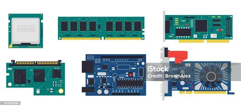 전자 Pcb 메모리 칩 도체 및 반도체 구성 요소가있는 전기 회로 기판 벡터 마이크로 컨트롤러 하드웨어 세트 0명에 대한 스톡