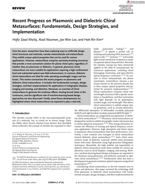 Pdf Recent Progress On Plasmonic And Dielectric Chiral Metasurfaces Fundamentals Design