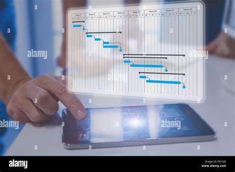Project Manager Using Gantt Chart Schedule To Discuss Tasks Milestones