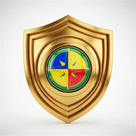 Golden Shield Emblem With Compass Rose Design And Concentric Circles