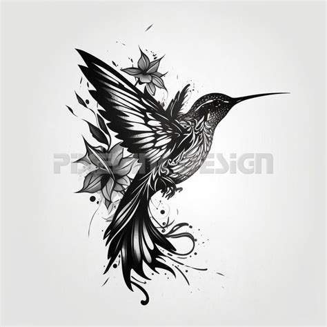 Hummingbird Tattoo Design 4k Floral Sketch Digital Download Etsy