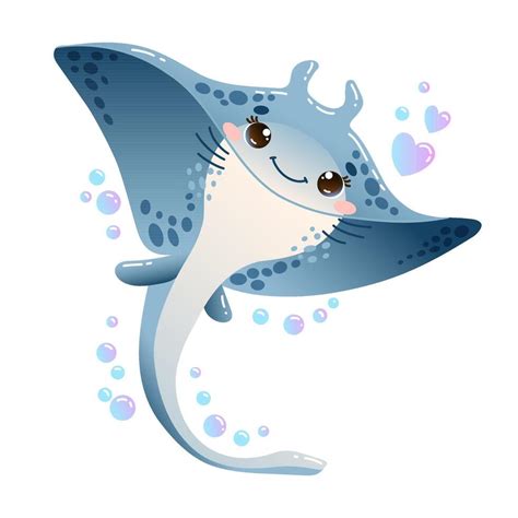 Illustration Of Happy Cute Stingray With A Friendly Smile Surrounded