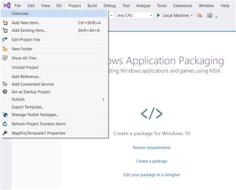 what is the location of overview page when vs2019 project is