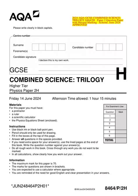 2024 Aqa Gcse Combined Science Trilogy 8464 2h Physics Paper 2