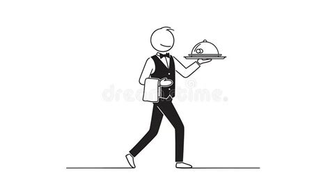 Stick Figure Waiter In Black Vest Serving Food On White Background
