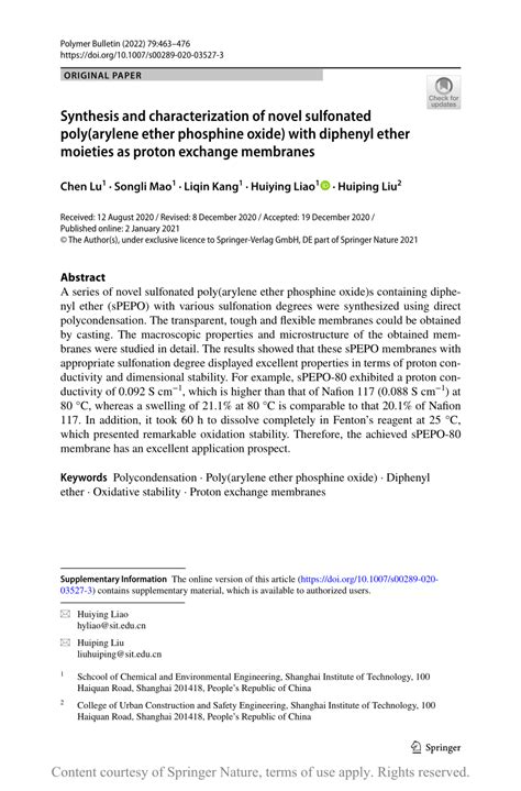 Synthesis And Characterization Of Novel Sulfonated Polyarylene Ether Phosphine Oxide With