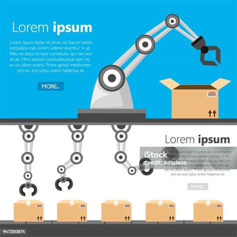 로봇 팔의 집합입니다 로봇 팔 제조입니다 포장 개념입니다 만화 스타일 아이콘입니다 흰색과 파란색 배경 벡터 일러스트 레이 션