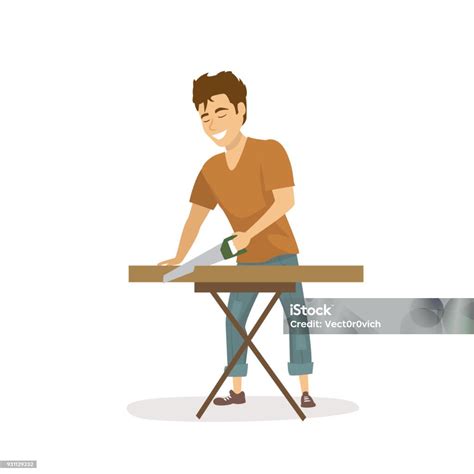 나무 판자를 톱으로 절단 하는 귀여운 쾌활 한 남자 절연 벡터 일러스트 레이 션 벡터에 대한 스톡 벡터 아트 및 기타 이미지 벡터 일러스트레이션 톱질 Istock
