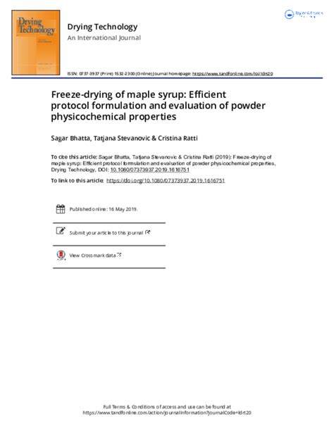 Pdf Freeze Drying Of Maple Syrup Efficient Protocol Formulation And Evaluation Of Powder