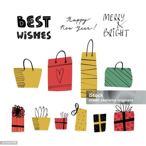 다양한 스타일리시한 손으로 그린 축제 쇼핑 페이퍼 백 활과 리본이 달린 크리스마스 선물 상자 생일 선물 레터링 인사베스트 소원 메리앤 브라이트 새해 복 많이 받으세요 가방에