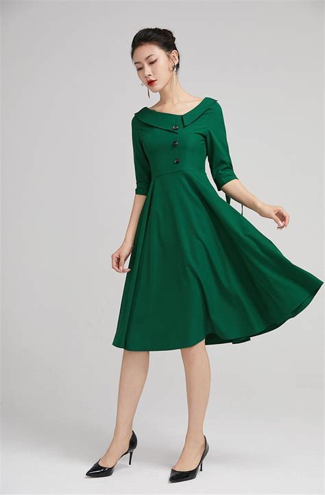 Green Swing Cocktail Dress Women Fit And Flare Midi Dress Vintage