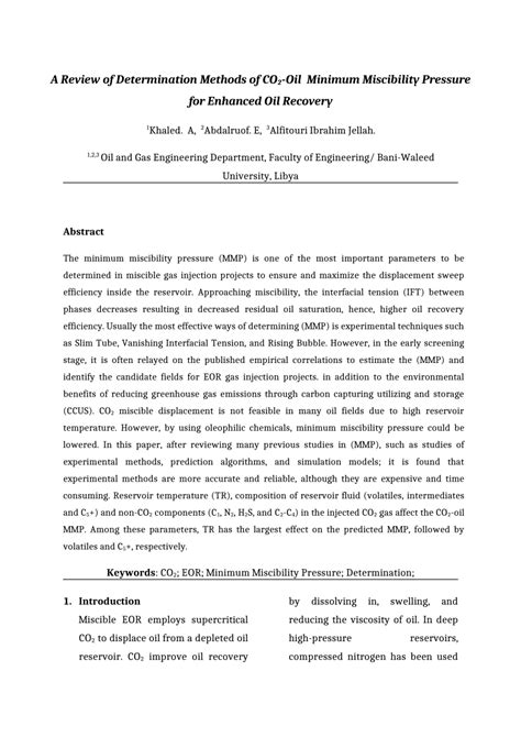 Pdf A Review Of Determination Methods Of A Co2 Oil Minimum Miscibility Pressure For Enhanced