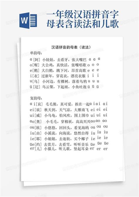 一年级汉语拼音字母表 含读法和儿歌word模板下载 编号qwxbwmnv 熊猫办公