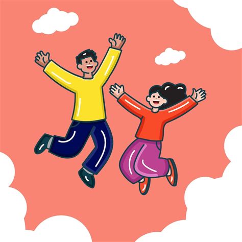 스티커 디자인 요소 를 위한 하늘 에서 날아다니는 귀여운 여자 와 남자 만화 일러스트레이션 프리미엄 벡터