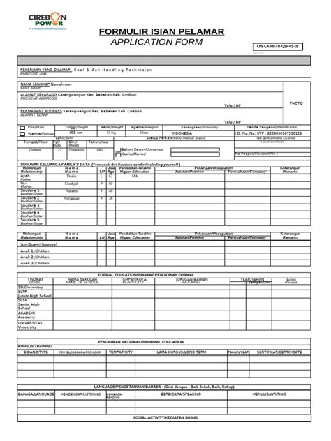 Cps Ga Hr Fr Qsp 01 02 Formulir Isian Pelamar Application Form Iso Pdf