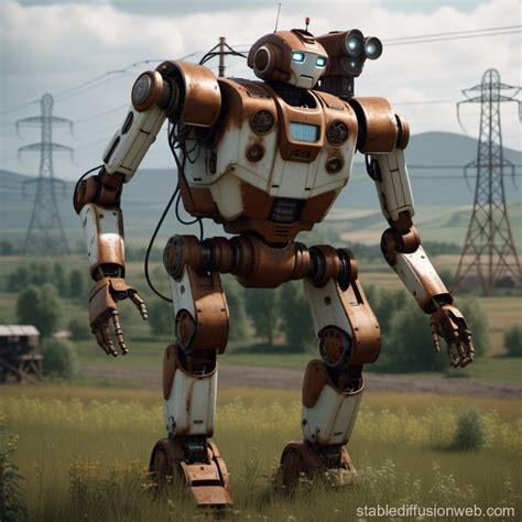 Rusty Robot In Field With Power Lines Stable Diffusion Online