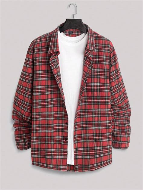 Manfinity Homme Red Plaid Print Button Front Casual Long Sleeve Shirt